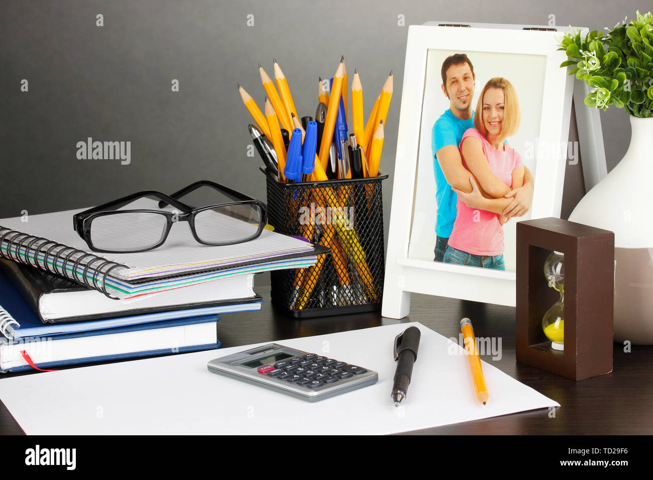 White photo frame on office desk on grey background Stock Photo - Alamy