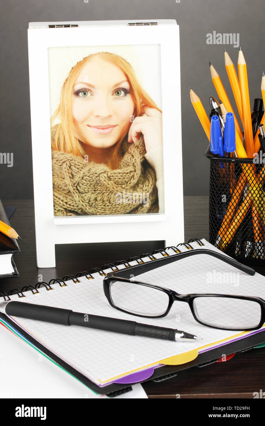 White photo frame on office desk on grey background Stock Photo - Alamy