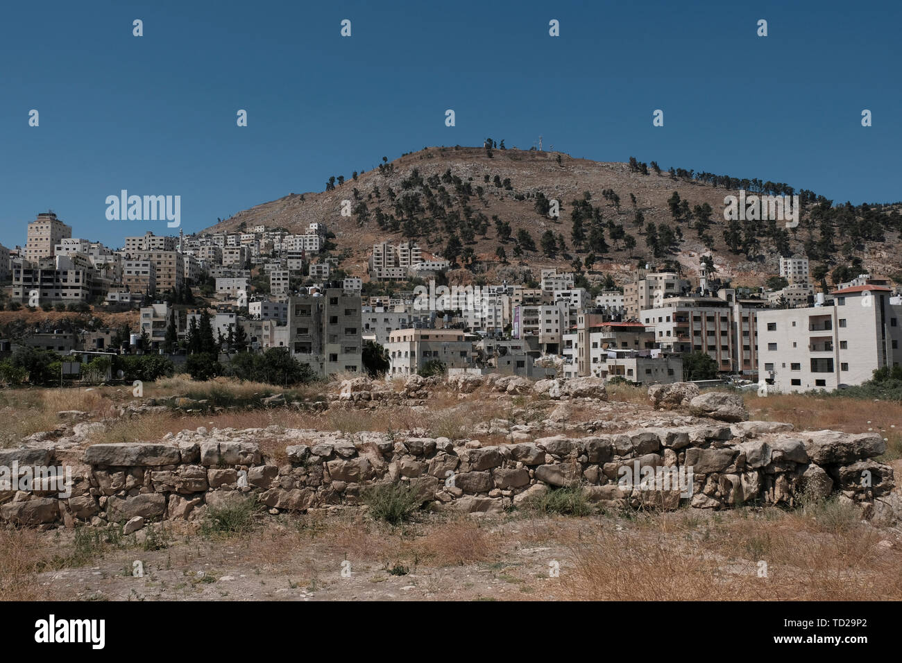View of the Palestinian village of Ballata across remains of what is ...