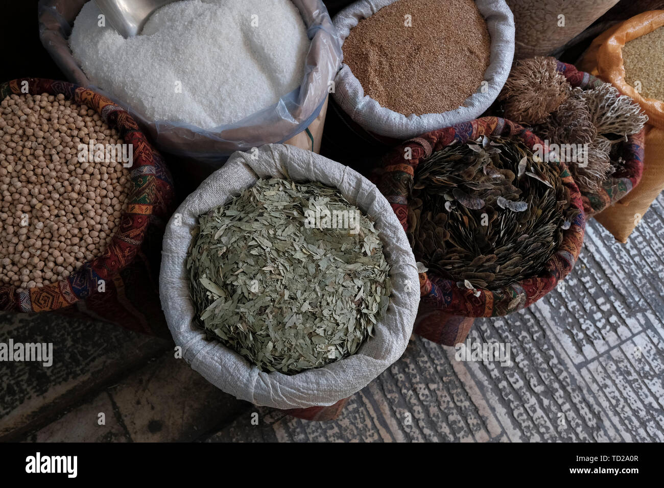Spices for sale at the souq market in the Old City of Nablus in the ...