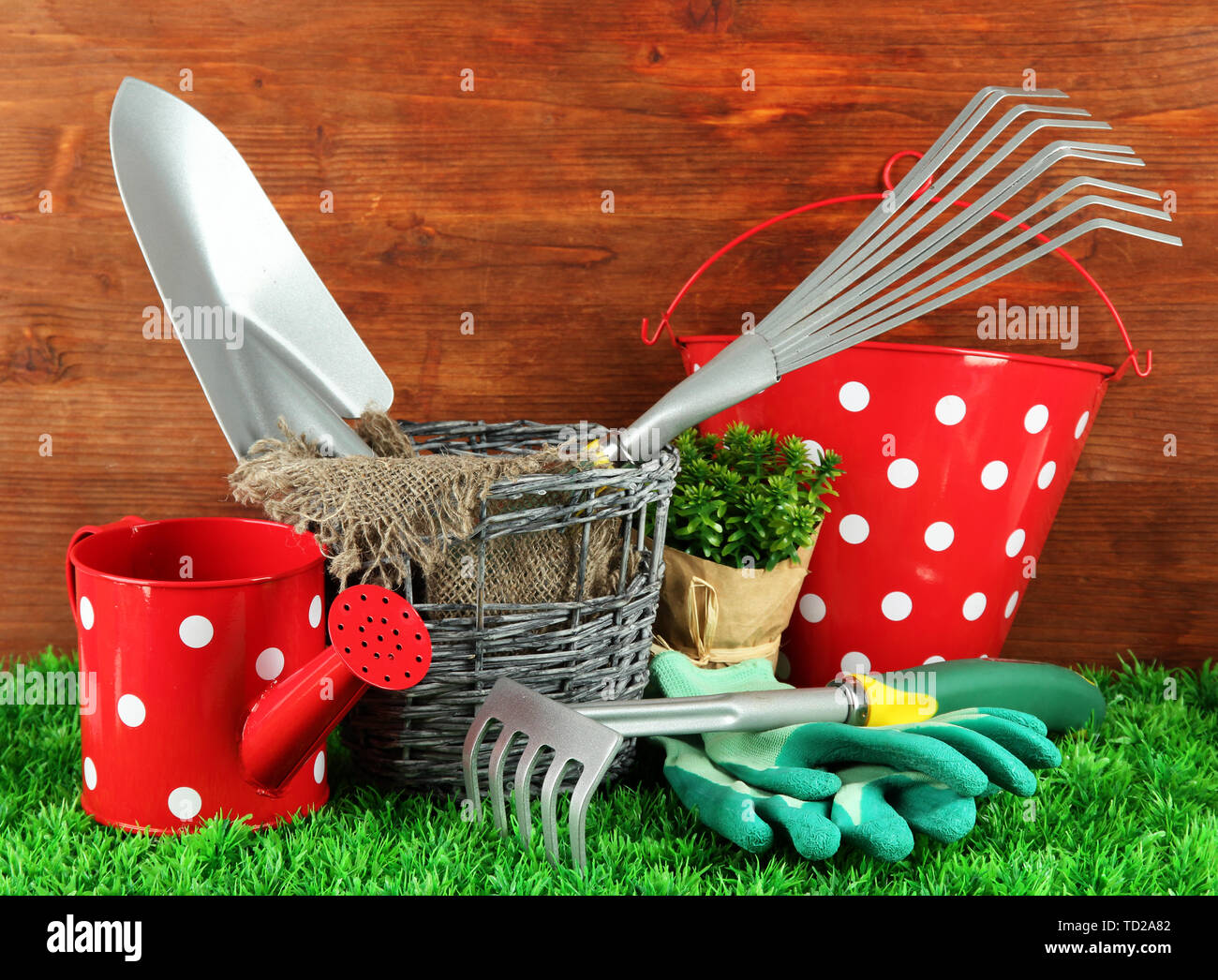 Garden tools on grass in yard Stock Photo - Alamy