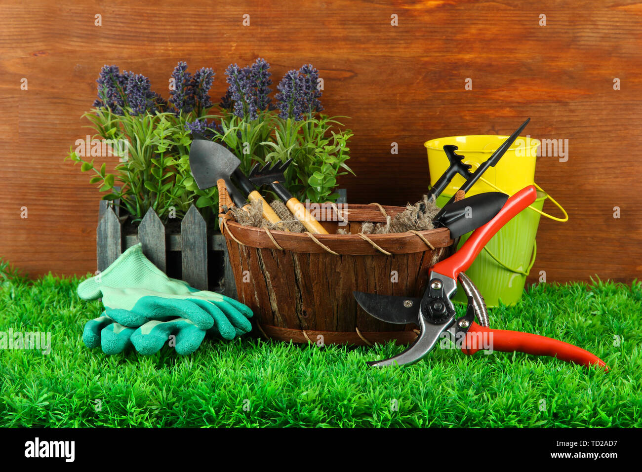 Garden tools on grass in yard Stock Photo - Alamy