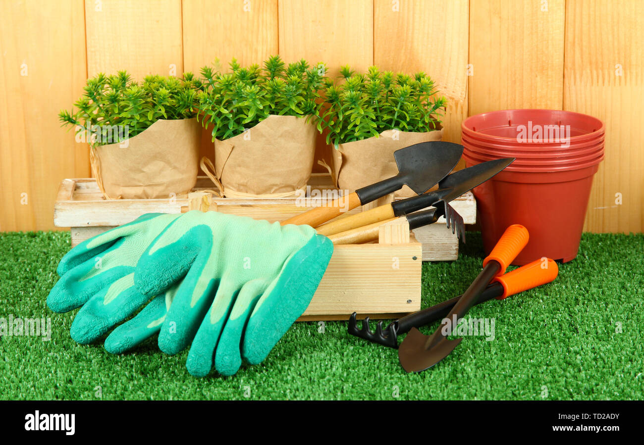 Garden tools on grass in yard Stock Photo - Alamy