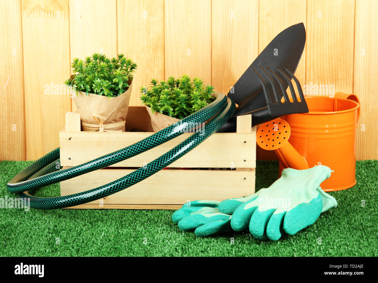 Garden tools on grass in yard Stock Photo - Alamy