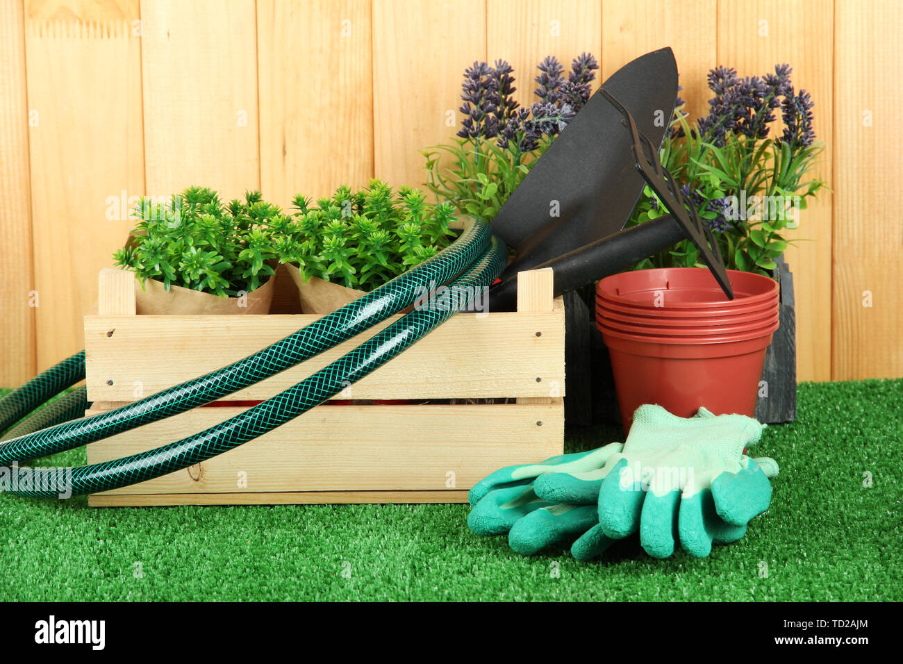 Garden tools on grass in yard Stock Photo - Alamy