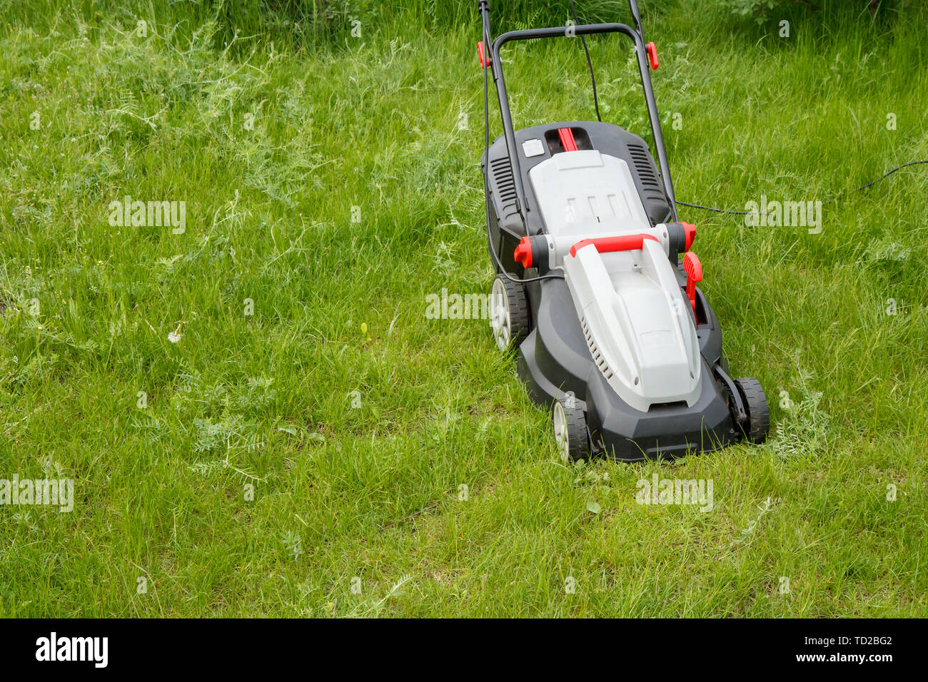 Lawn mower on green grass in the garden. Mower grass equipment. Mowing ...