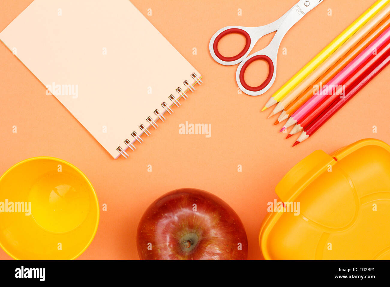 School supplies. Notebook, apple, scissors, color pencils, plastic cup ...