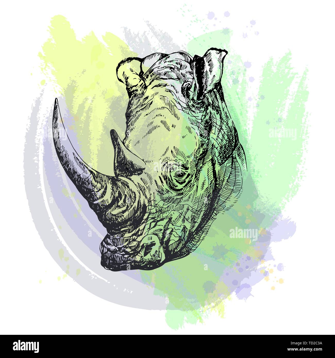 Hand drawn sketch style portrait of rhino isolated on white background ...