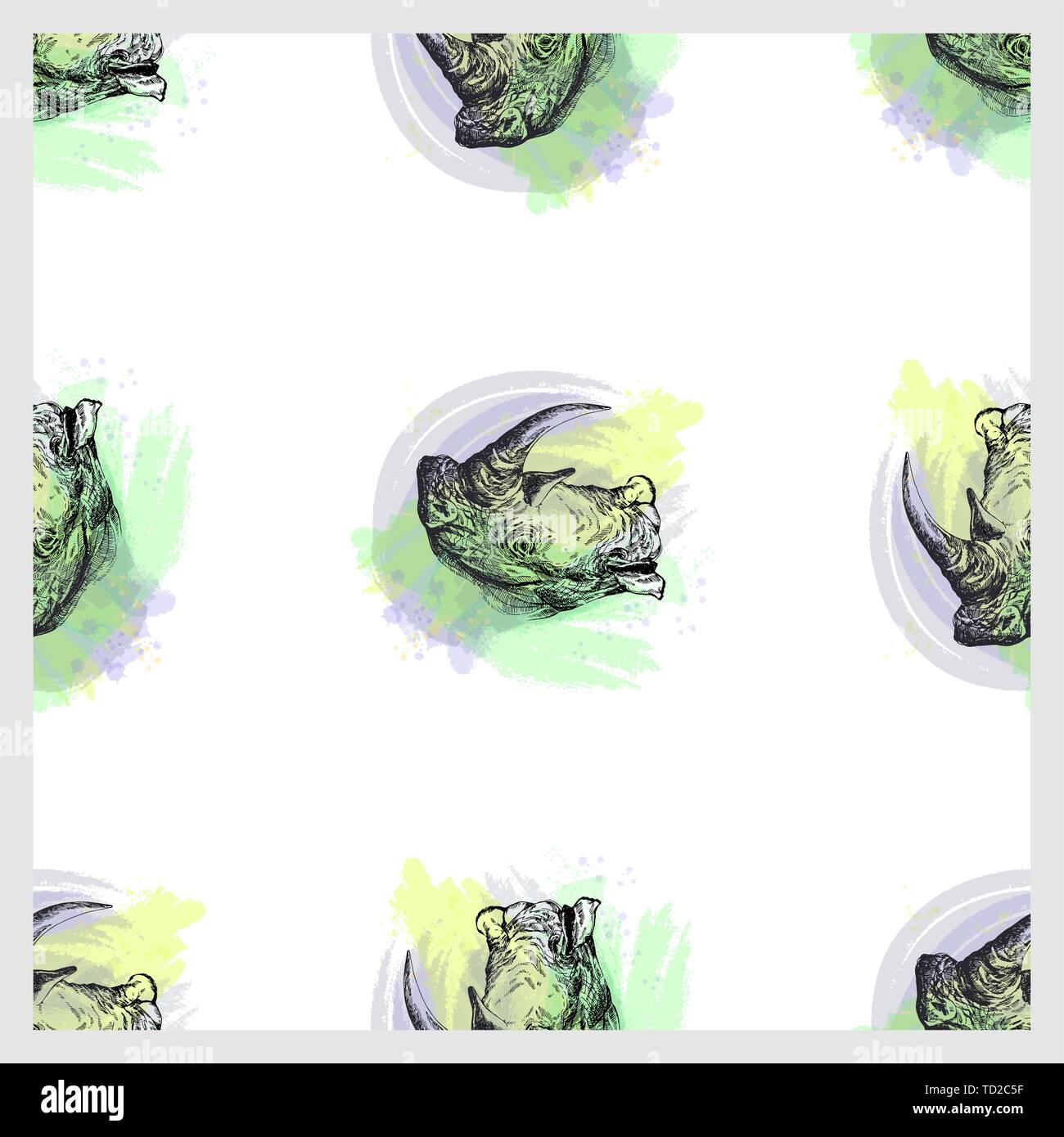 Seamless pattern of hand drawn sketch style portraits of rhino isolated ...