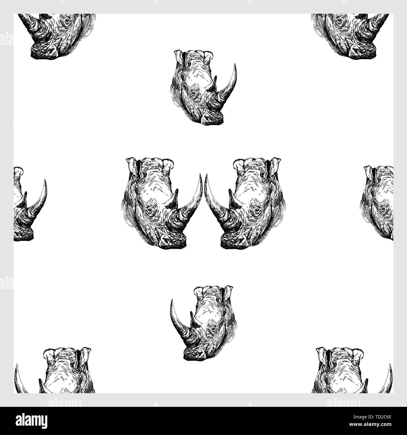 Seamless pattern of hand drawn sketch style portraits of rhino isolated ...