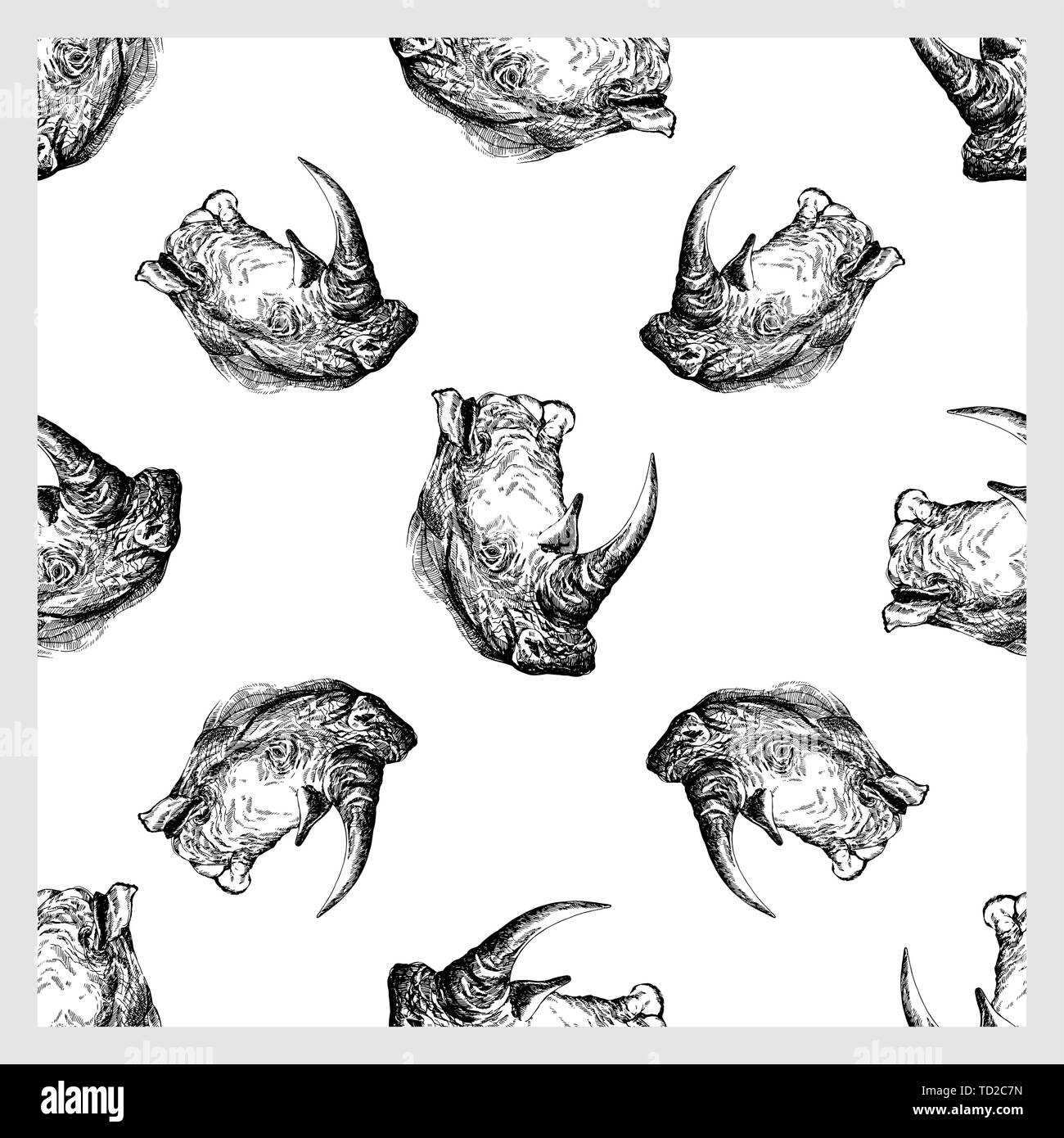 Seamless pattern of hand drawn sketch style portraits of rhino isolated ...