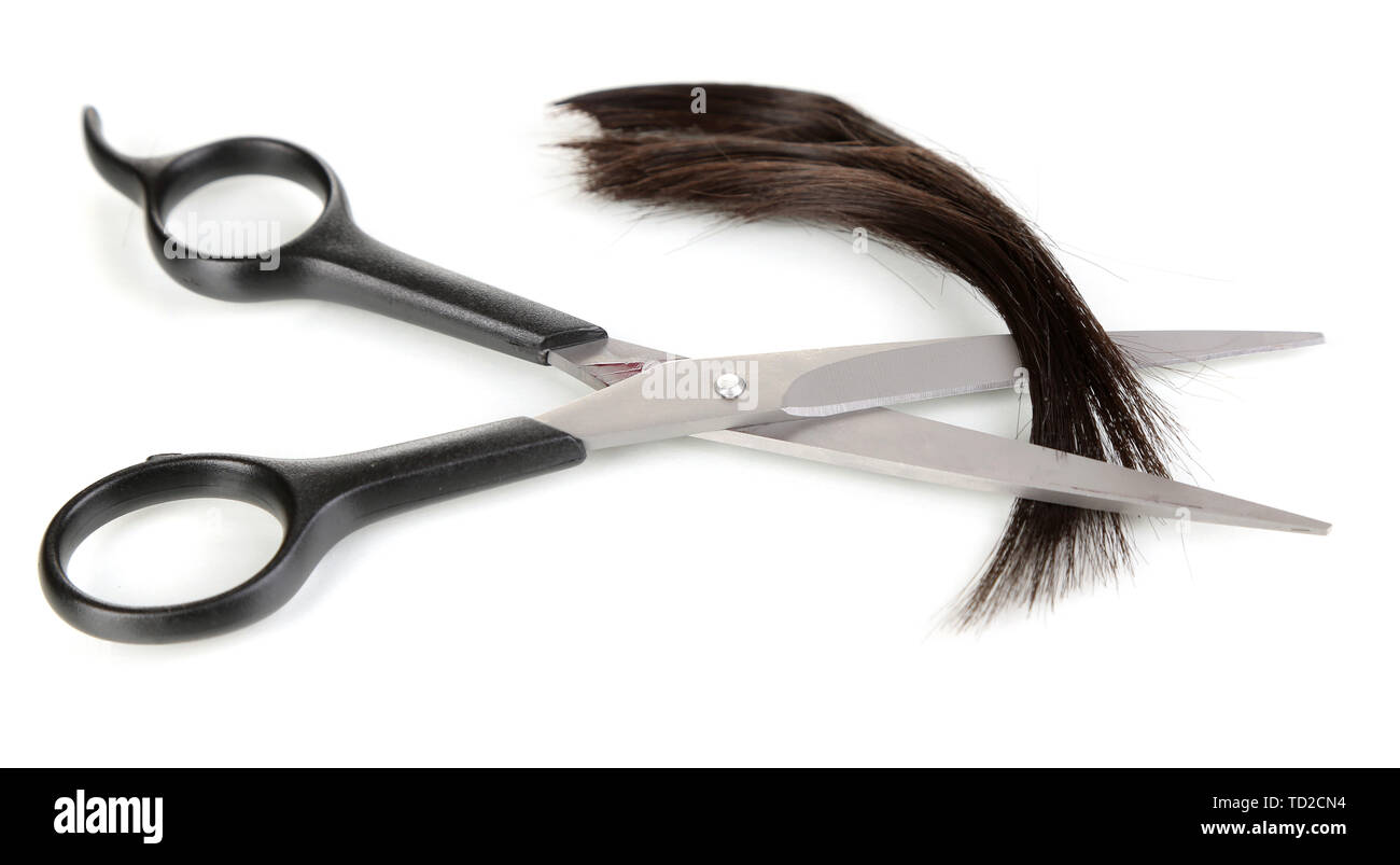 Pieces of hair cut with scissors isolated on white Stock Photo - Alamy