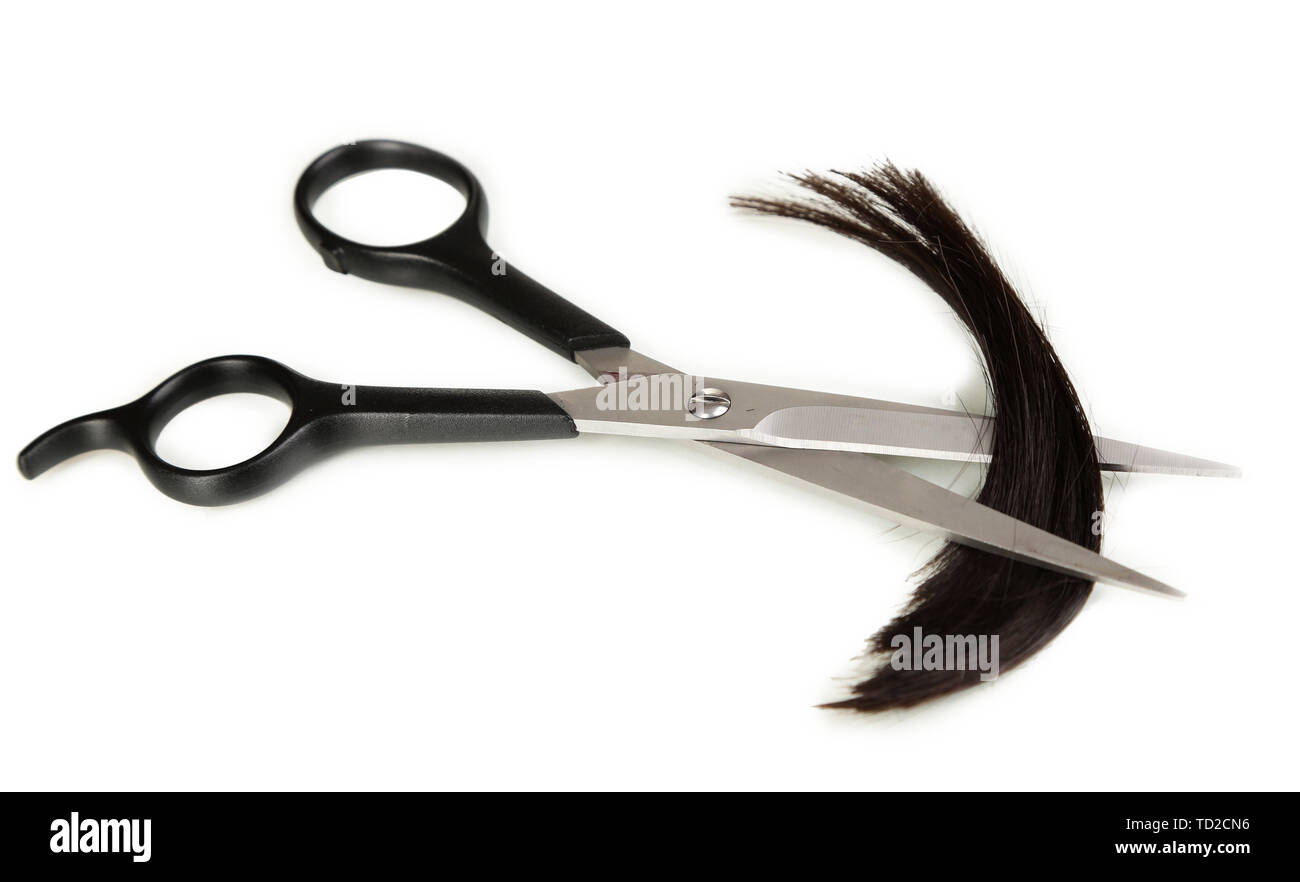 Pieces of hair cut with scissors isolated on white Stock Photo - Alamy