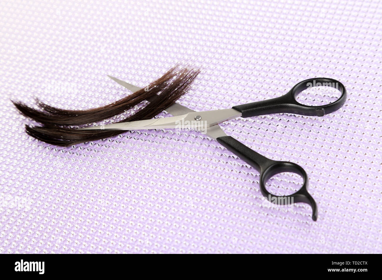 Pieces of hair cut with scissors on purple background Stock Photo - Alamy