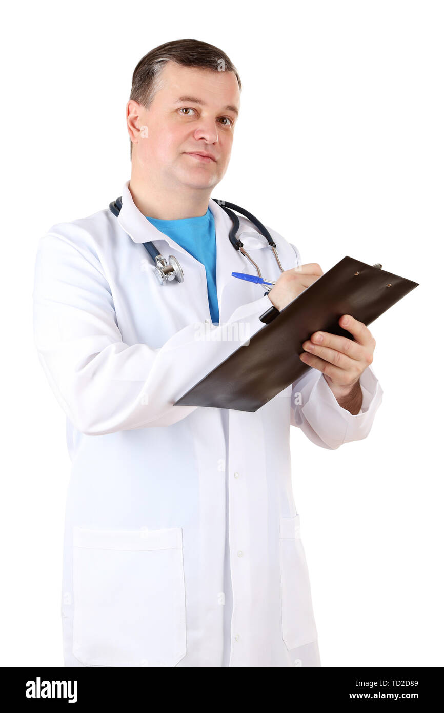 Medical doctor with stethoscope and clipboard isolated on white Stock ...