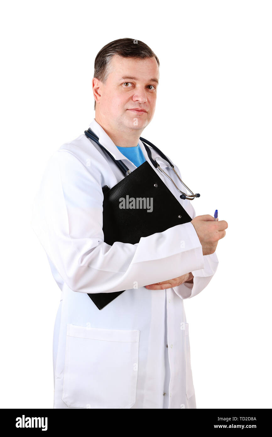 Medical doctor with stethoscope and clipboard isolated on white Stock ...