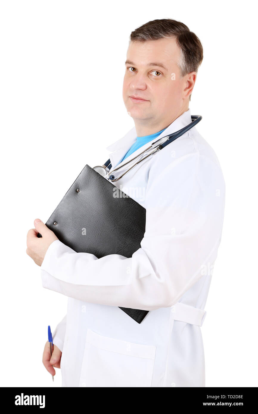 Medical doctor with stethoscope and clipboard isolated on white Stock ...