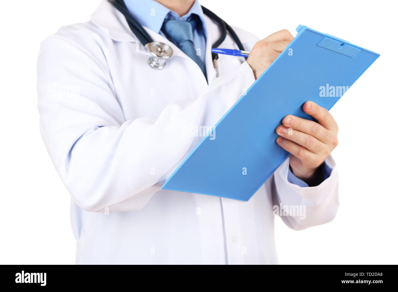 Medical doctor with stethoscope and clipboard isolated on white Stock ...