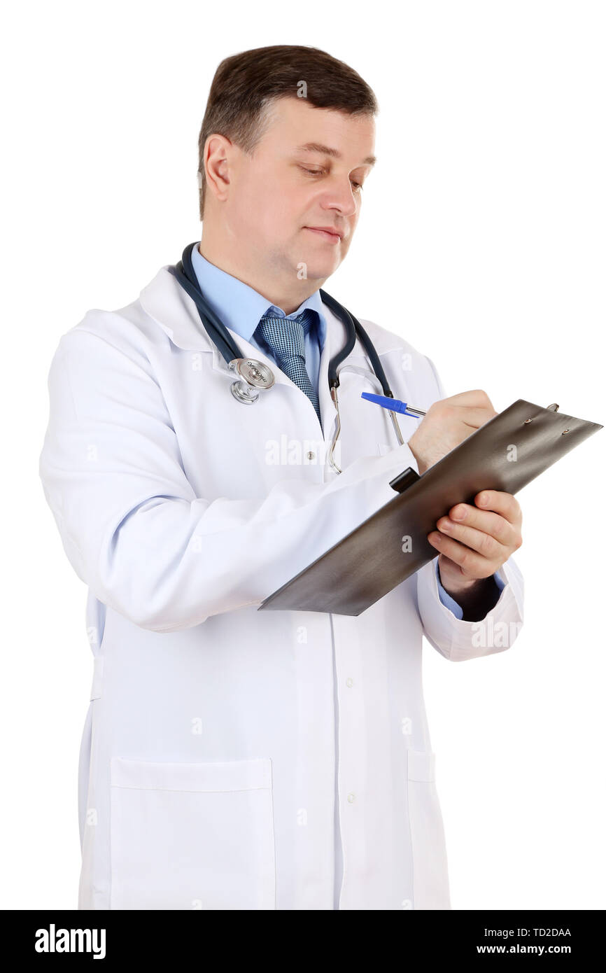 Medical doctor with stethoscope and clipboard isolated on white Stock ...