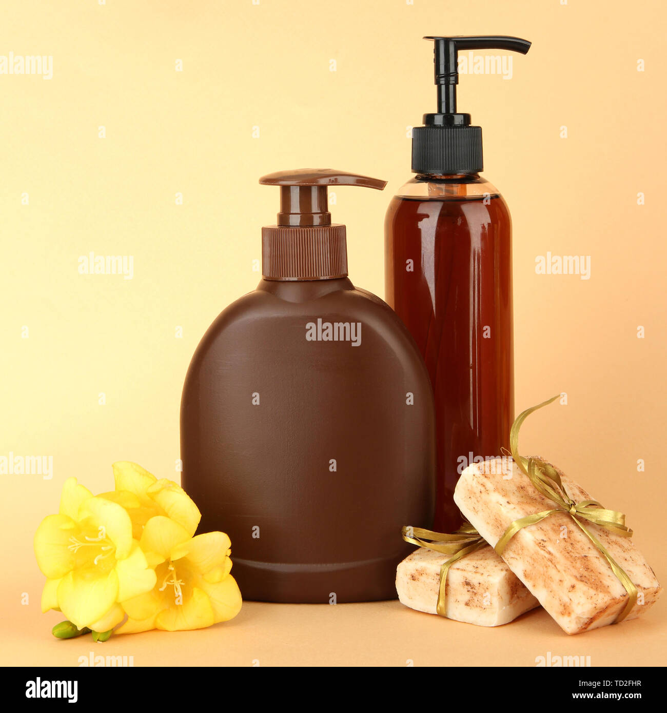Liquid and hand-made soaps on beige background Stock Photo - Alamy
