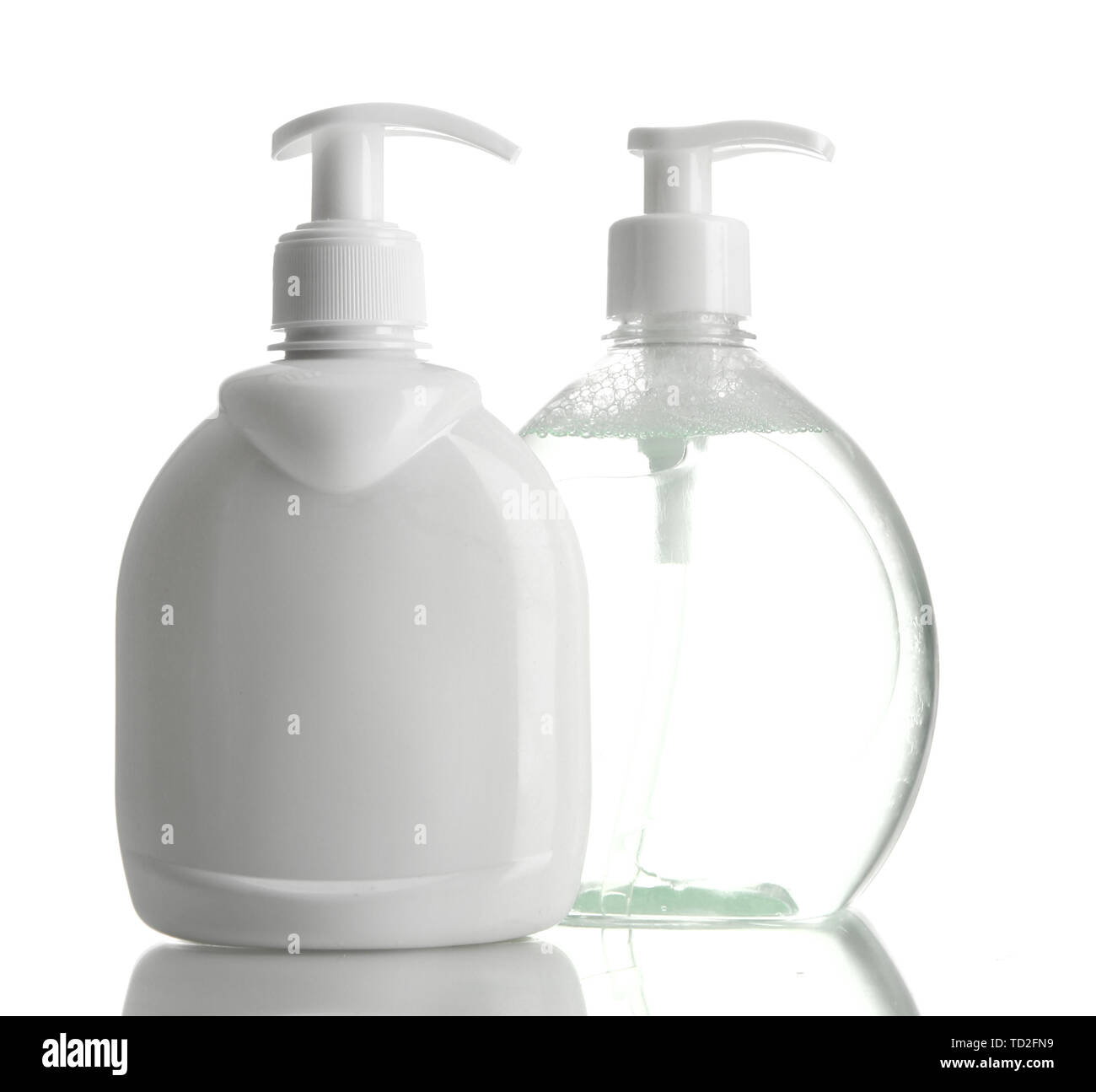 Bottles with liquid soap isolated on white Stock Photo - Alamy
