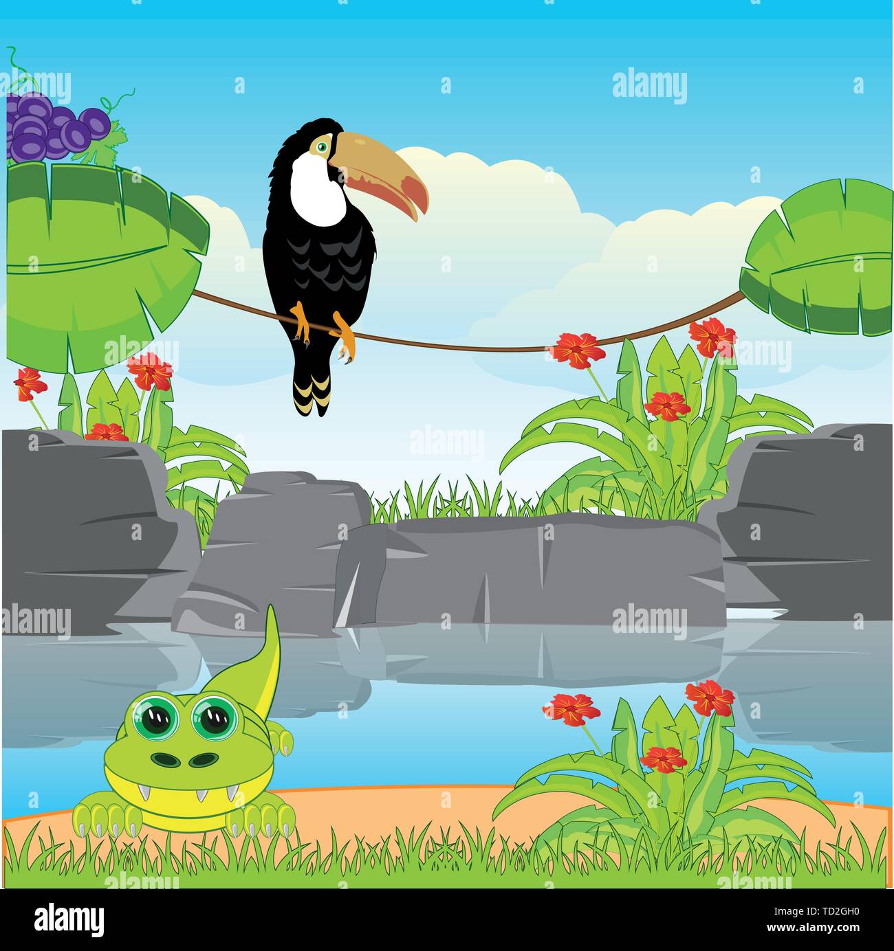 Animals and riverside bird in tropical jungle Stock Vector Image & Art ...