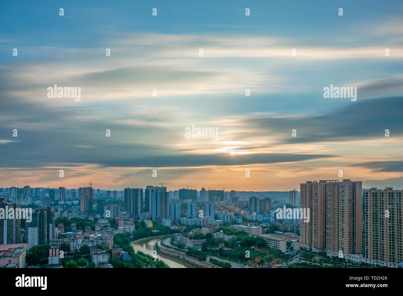 High rise building city no one with modern air and river hi-res stock ...