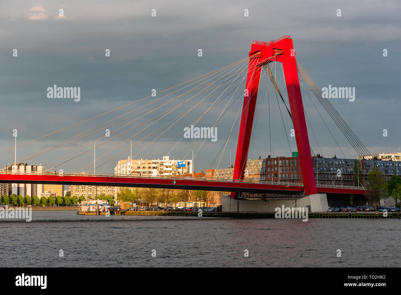 Rotterdam, Netherlands - April 26, 2019 : Willemsbrug bridge red cable ...