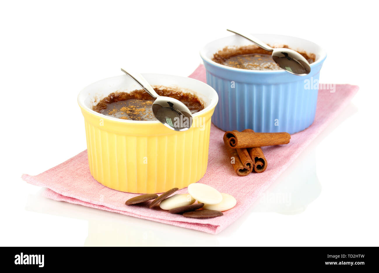 Chocolate pudding in bowls for baking isolated on white Stock Photo - Alamy