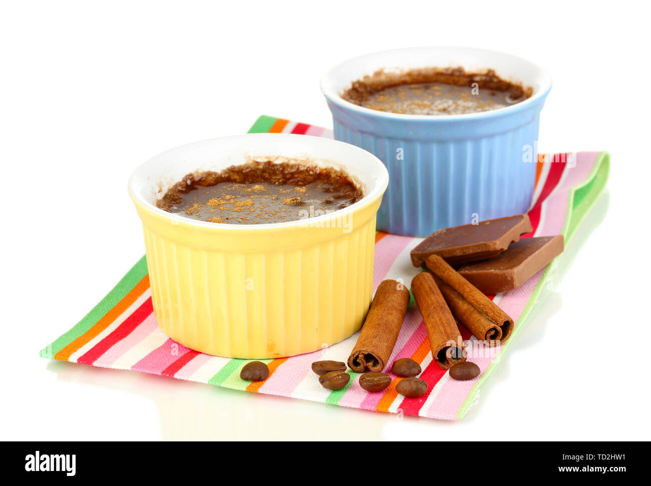 Chocolate pudding in bowls for baking isolated on white Stock Photo - Alamy