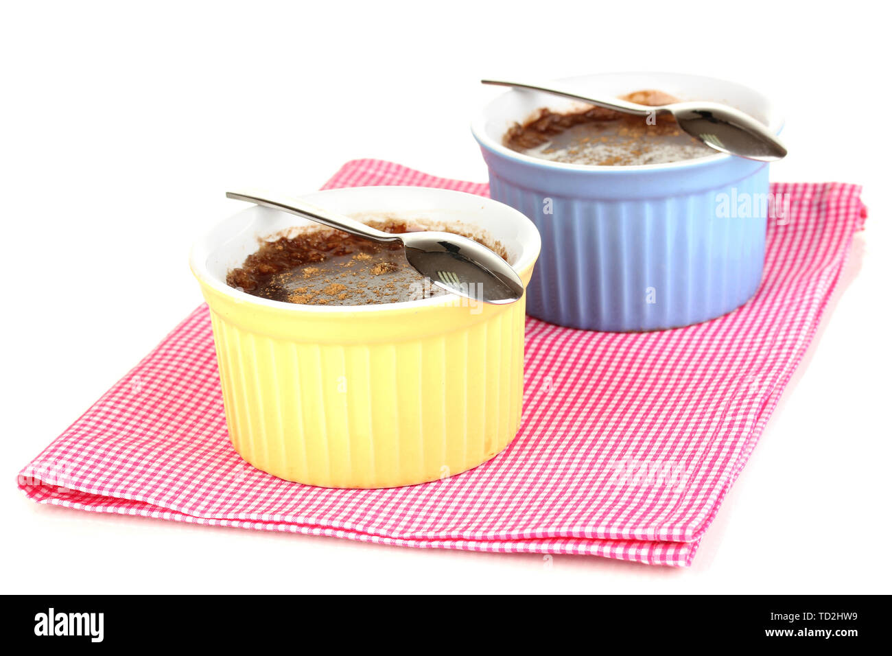 Chocolate pudding in bowls for baking isolated on white Stock Photo - Alamy