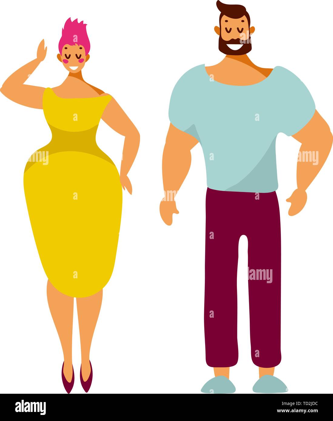 Man and woman, cute characters stand with smiles isolated on white ...