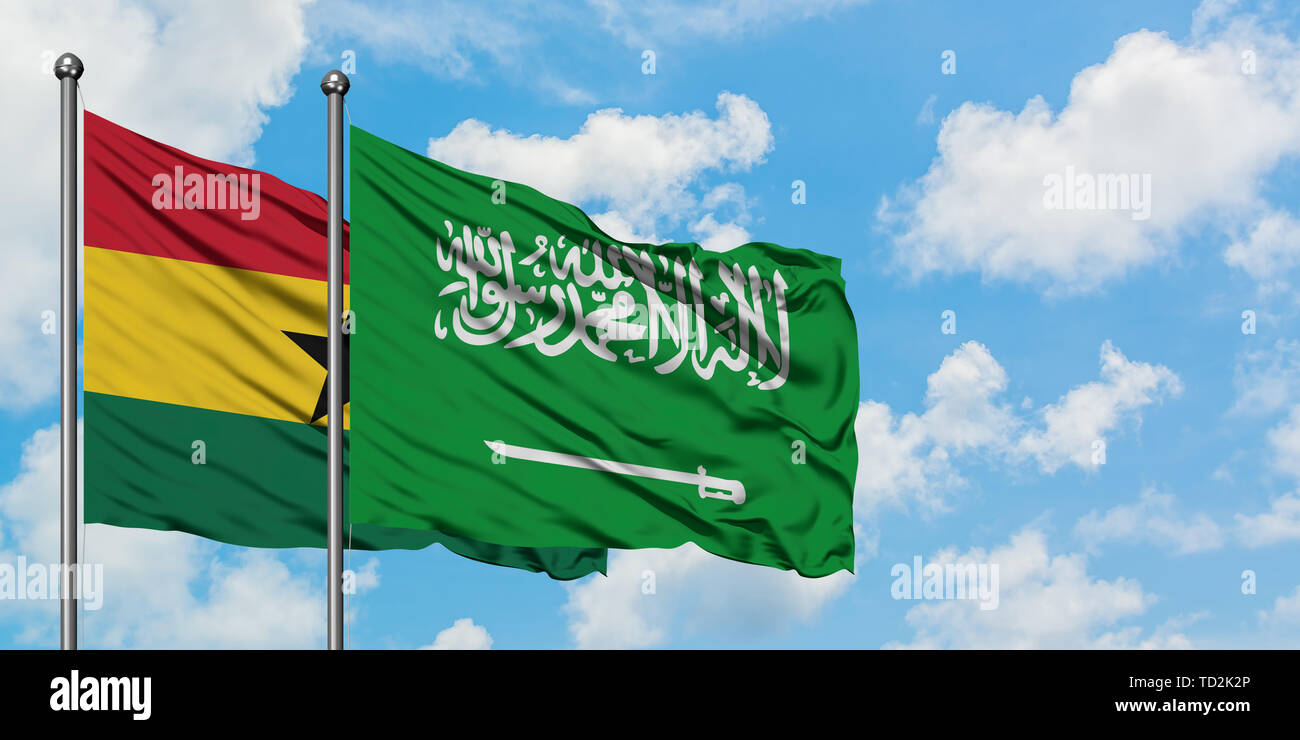 Ghana and Saudi Arabia flag waving in the wind against white cloudy ...