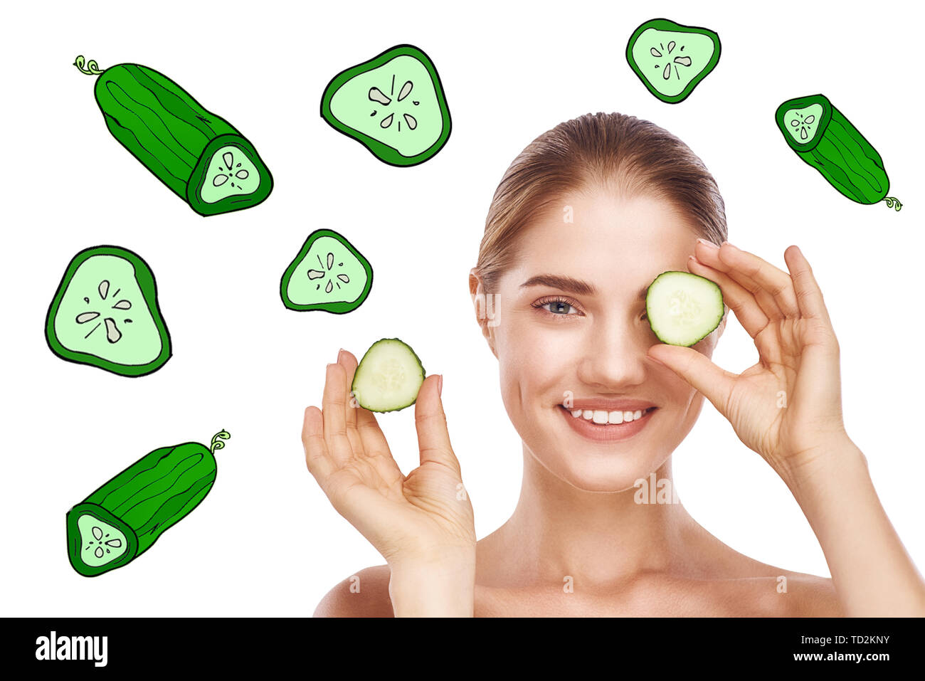 How to Make a Cucumber Facial Mask? Young beautiful woman hiding eye ...