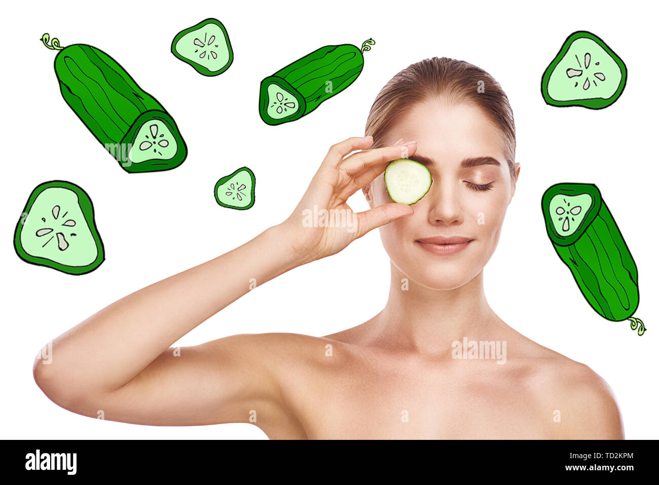 Refreshing Cucumber Face Mask. Young beautiful woman hiding eye behind ...