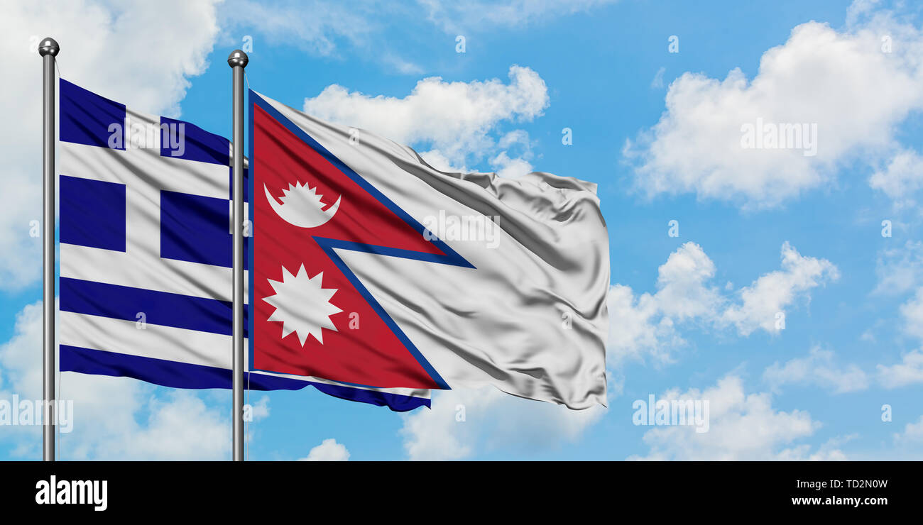 Greece and Nepal flag waving in the wind against white cloudy blue sky ...