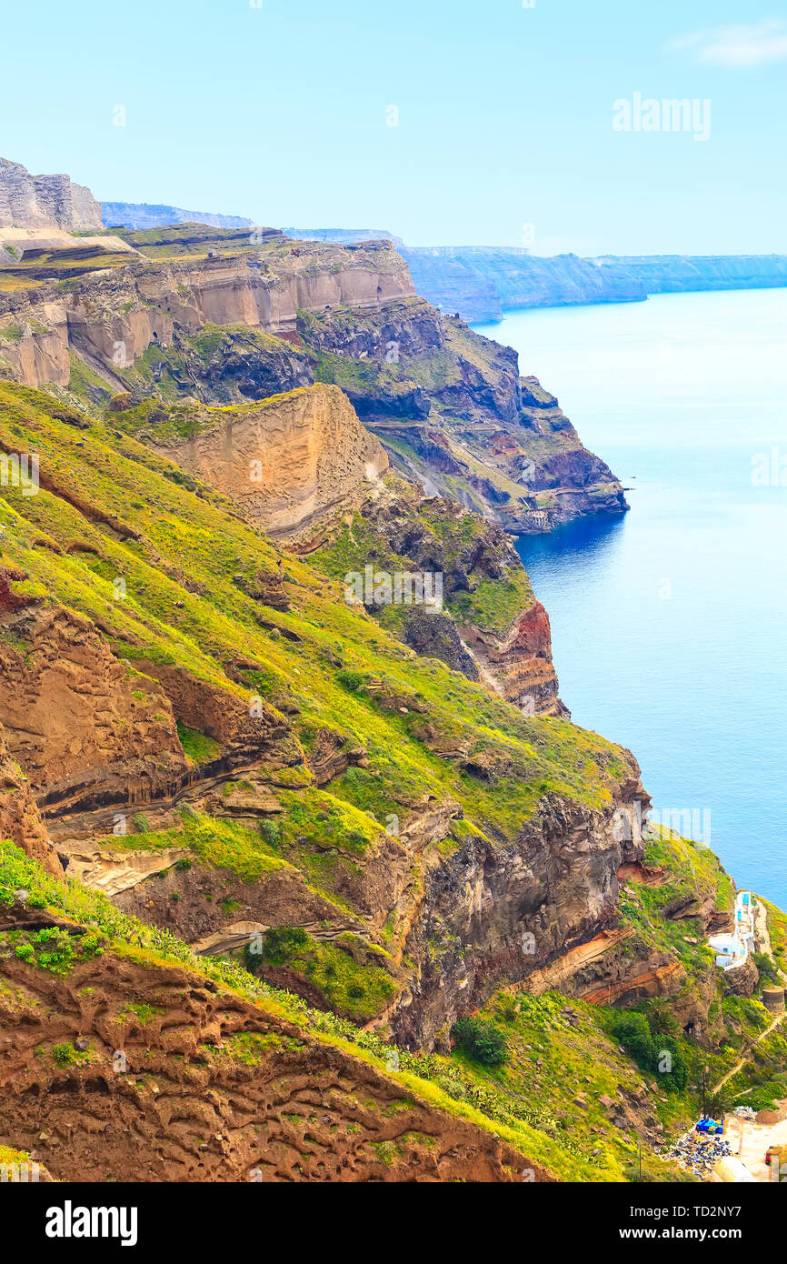 Panoramic sea view from Fira town to caldera, cliff, volcano island in ...
