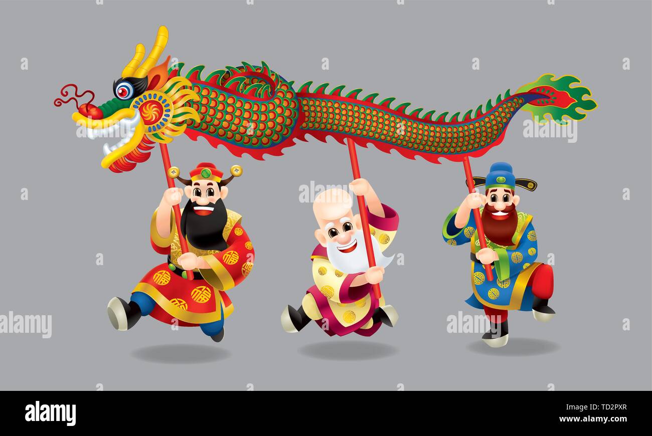 Three cute Chinese gods (represent long life, wealthy and career) are ...