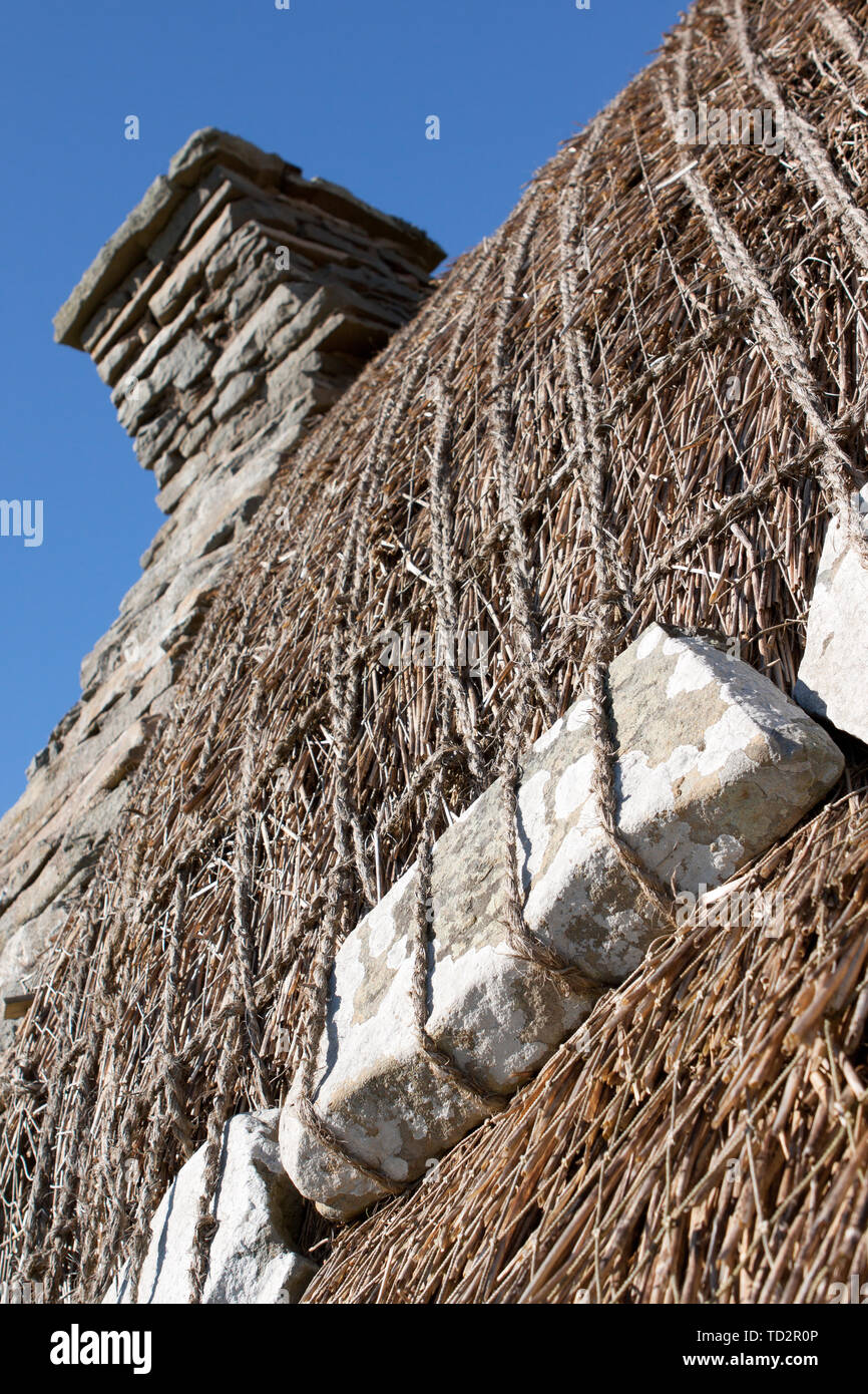 Detail of the Shetland Isles crofthouse museum thatched roof, north of ...