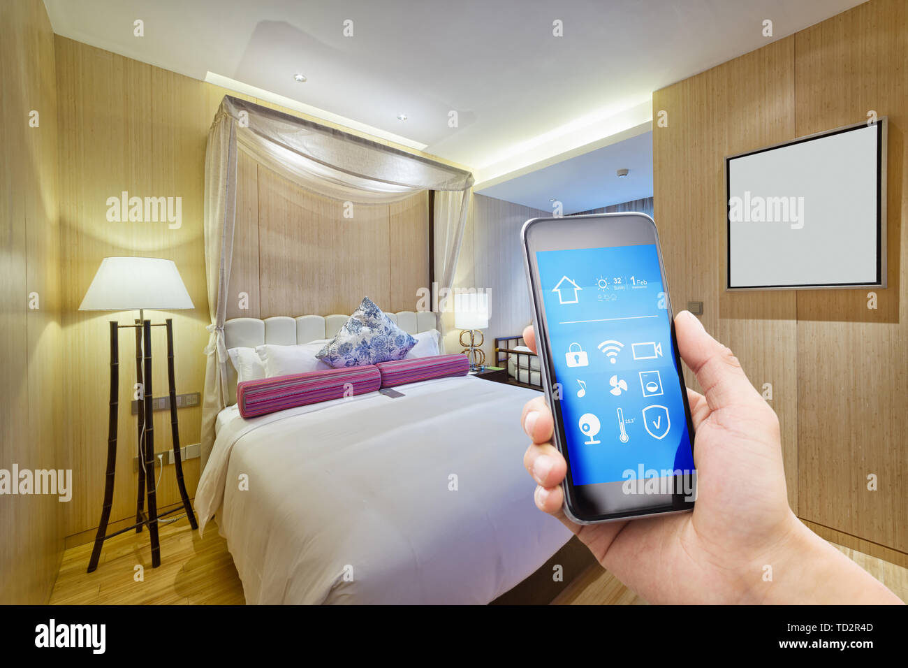 smart phone with smart home with modern bedroom Stock Photo - Alamy