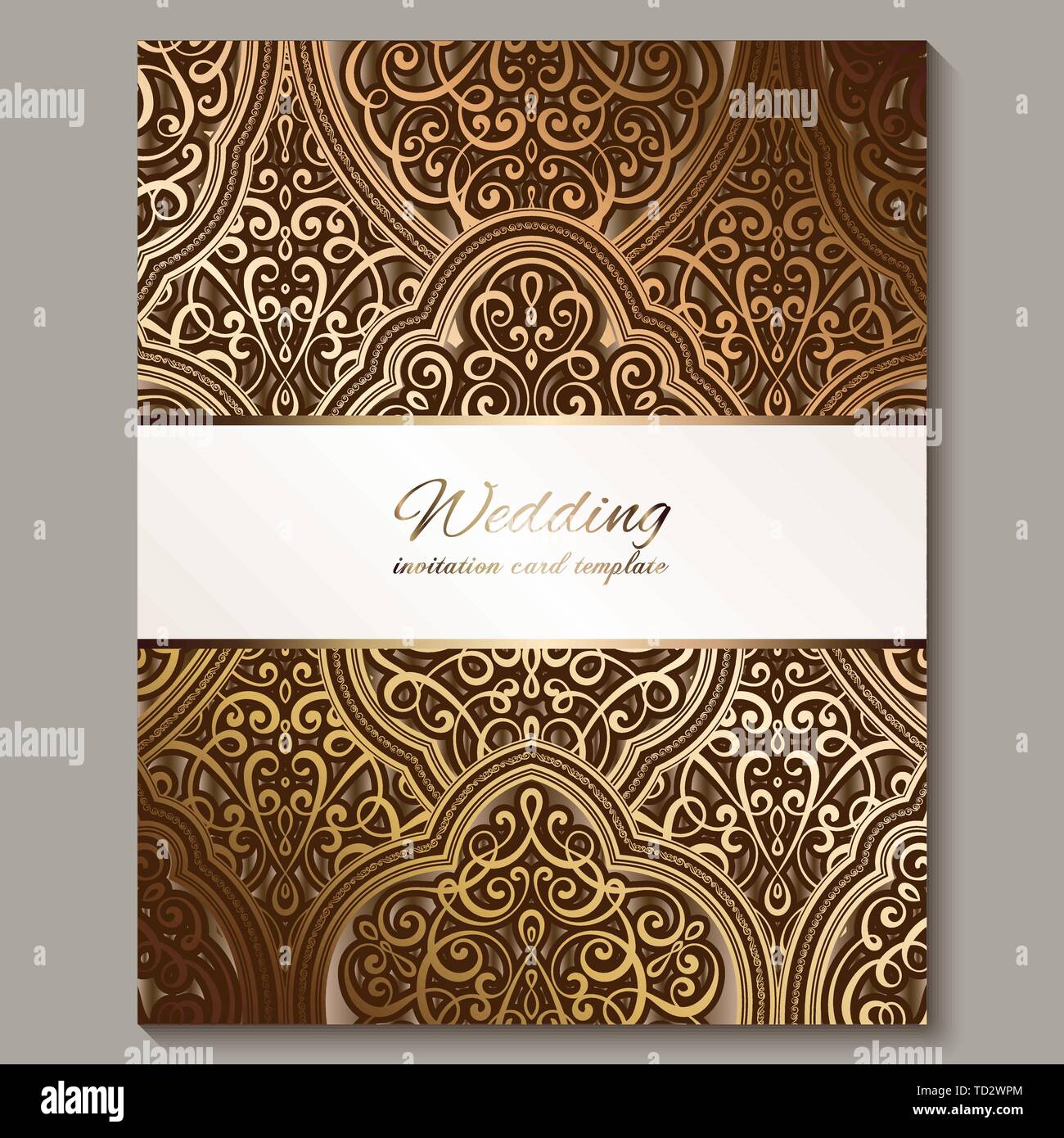 Wedding invitation card with bronze and gold shiny eastern and baroque ...