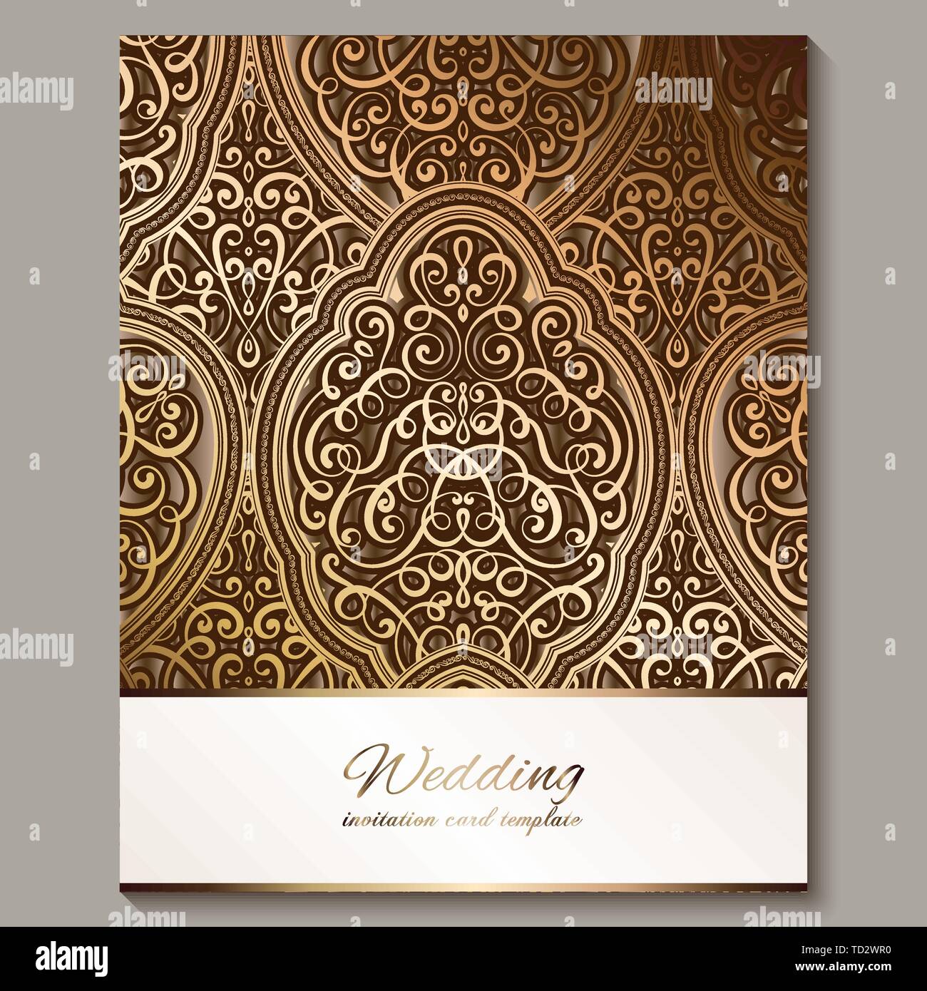 Wedding invitation card with bronze and gold shiny eastern and baroque ...