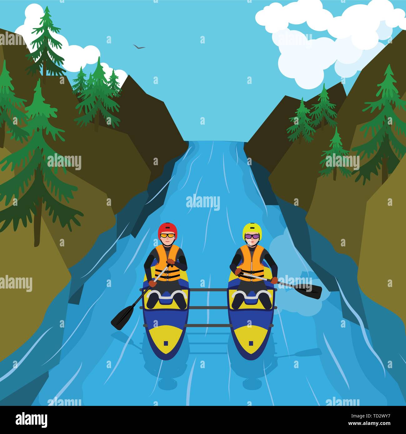 Mountain rafting concept background. Flat illustration of mountain ...