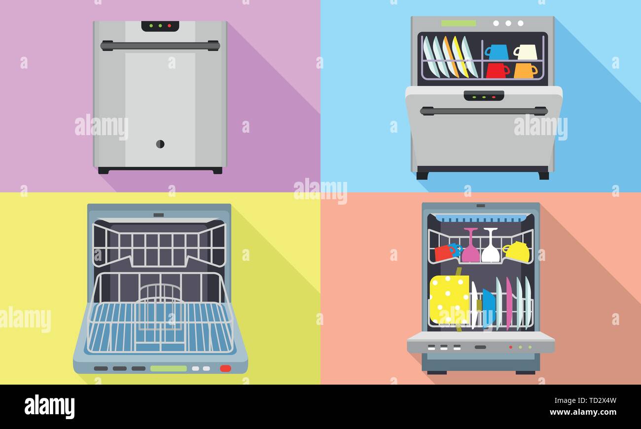Dishwasher icons set. Flat set of dishwasher vector icons for web ...