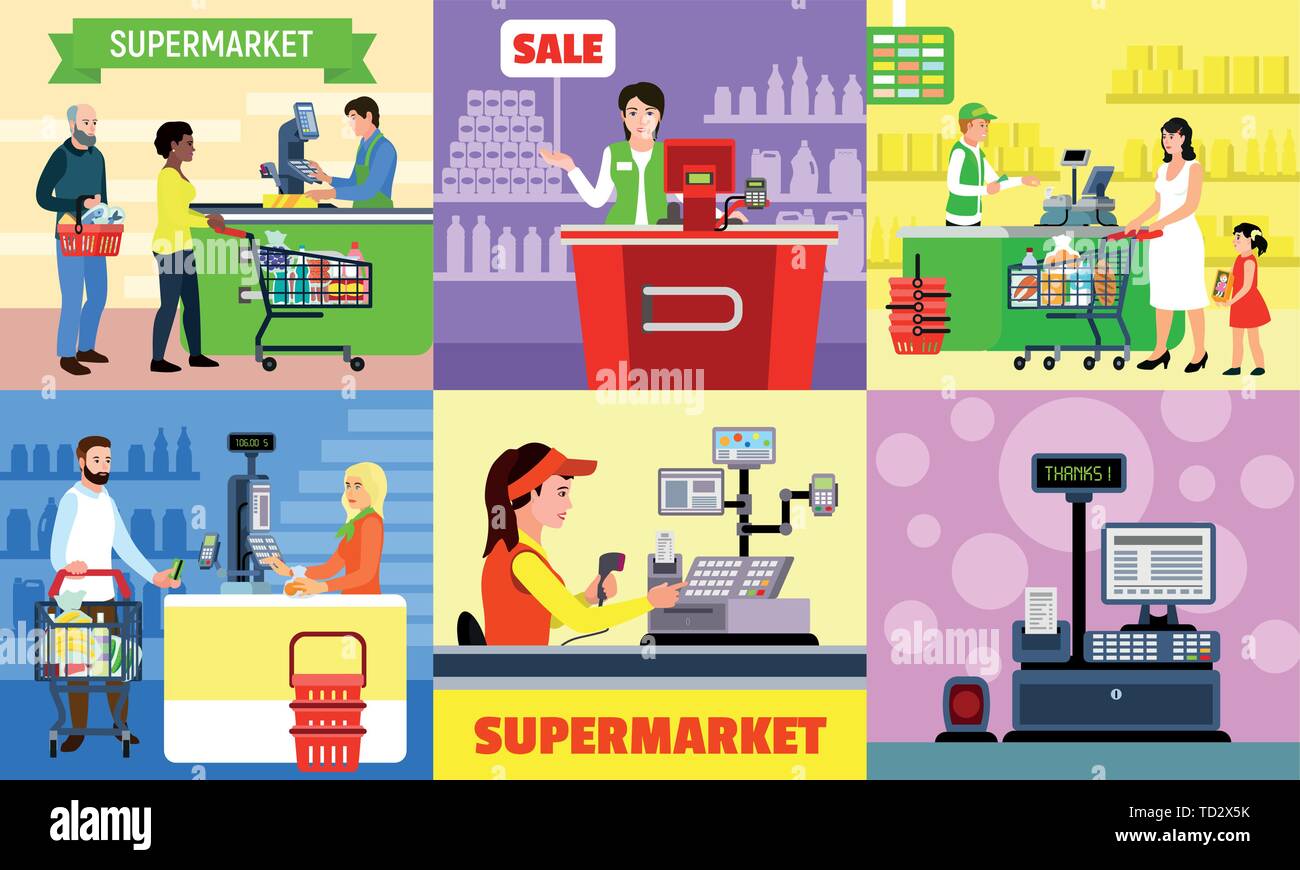 Cashier banner set. Flat illustration of cashier vector banner set for ...