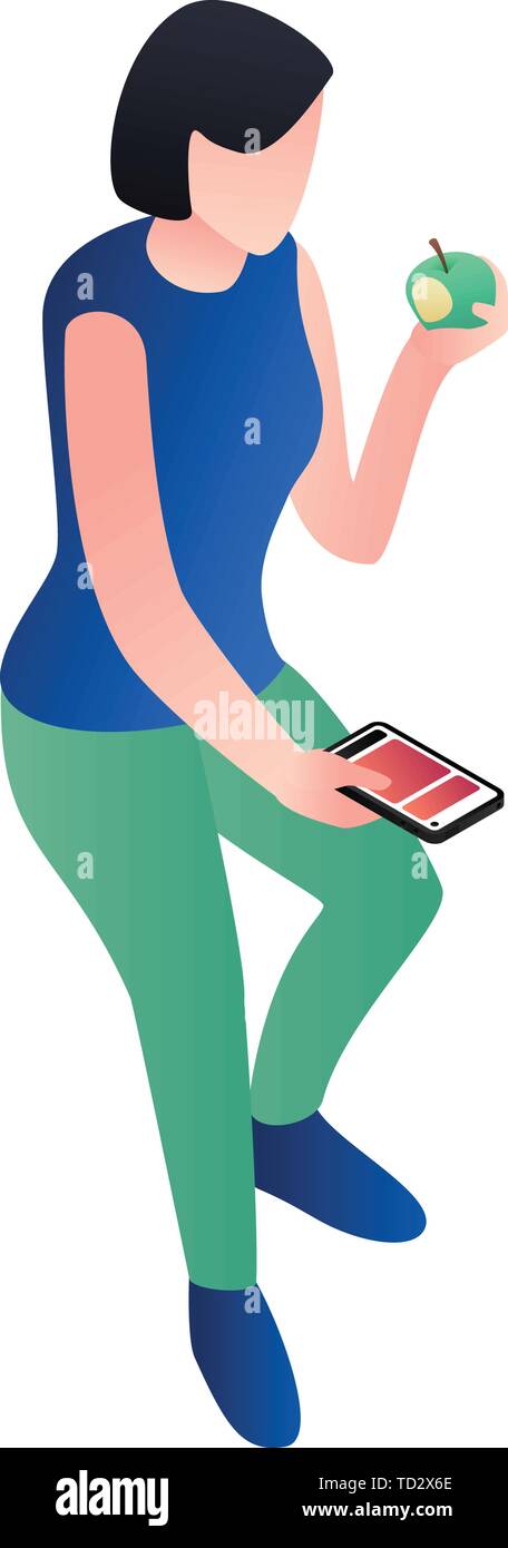 Girl with smartphone eat apple icon. Isometric of girl with smartphone ...