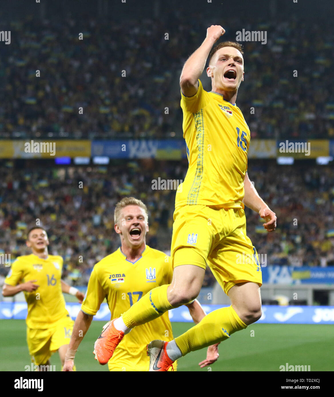 LVIV, UKRAINE - JUNE 7, 2019: Ukrainian players celebrate after Viktor ...