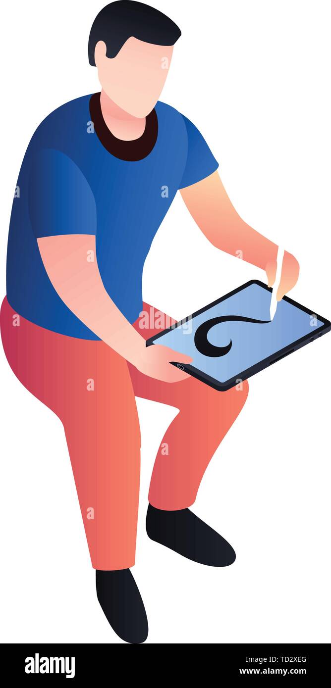 Man drawing at tablet icon. Isometric of man drawing at tablet vector ...