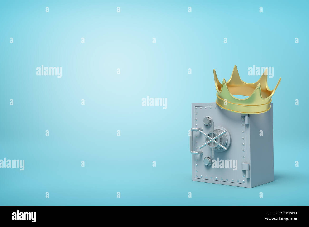 3d front close-up rendering of closed grey metal safe with golden crown ...
