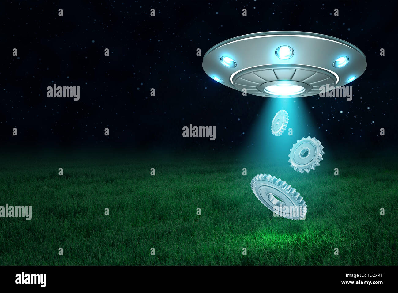 3d rendering of silver metal UFO with gear wheels on dark night sky and ...